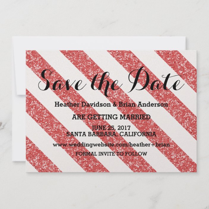 Red Glitter Look Stripes Save the Date Invite | Zazzle
