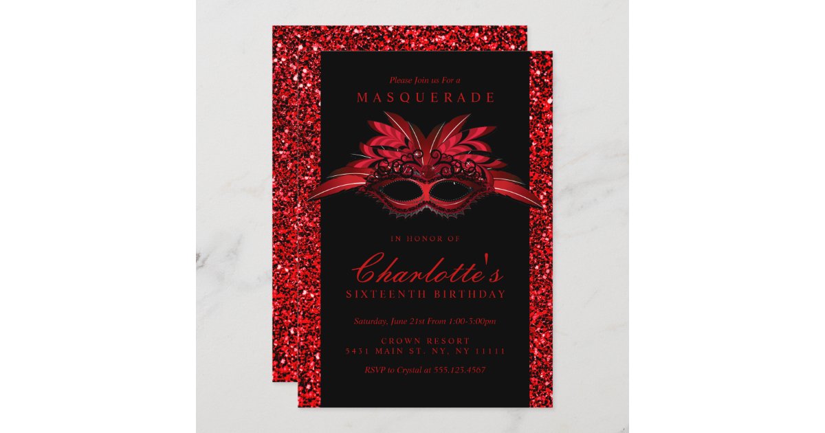 Red Glitter Masquerade Party Invitations | Zazzle