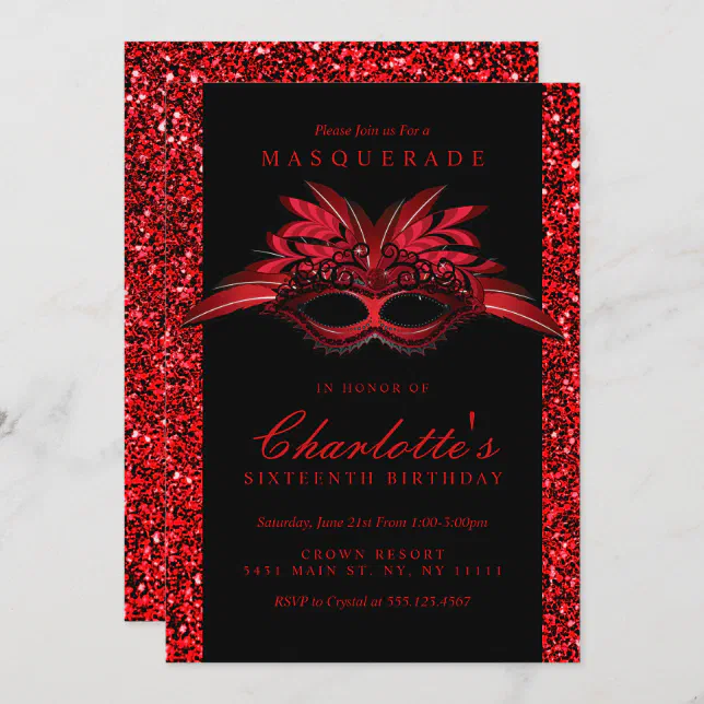 Red Glitter Masquerade Party Invitations | Zazzle
