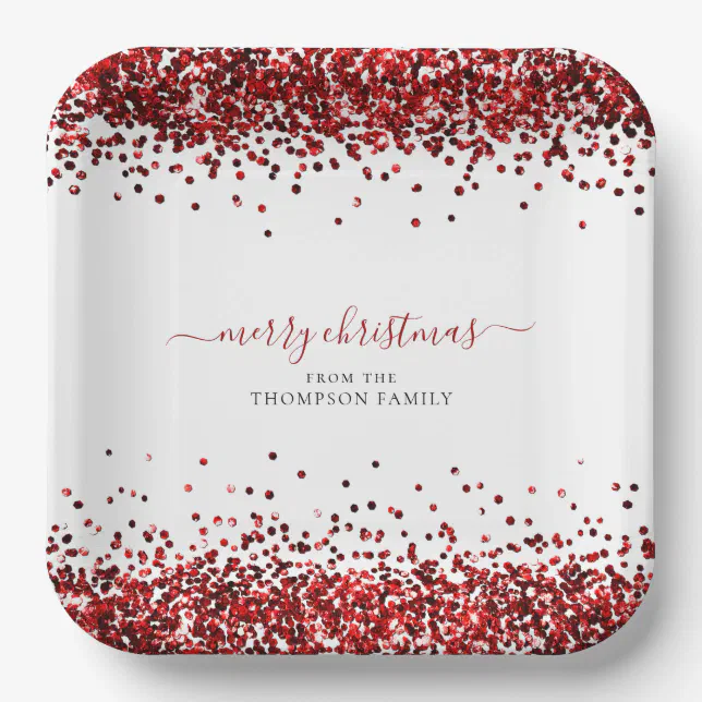 Red Glitter Name Merry Christmas White Paper Plates | Zazzle