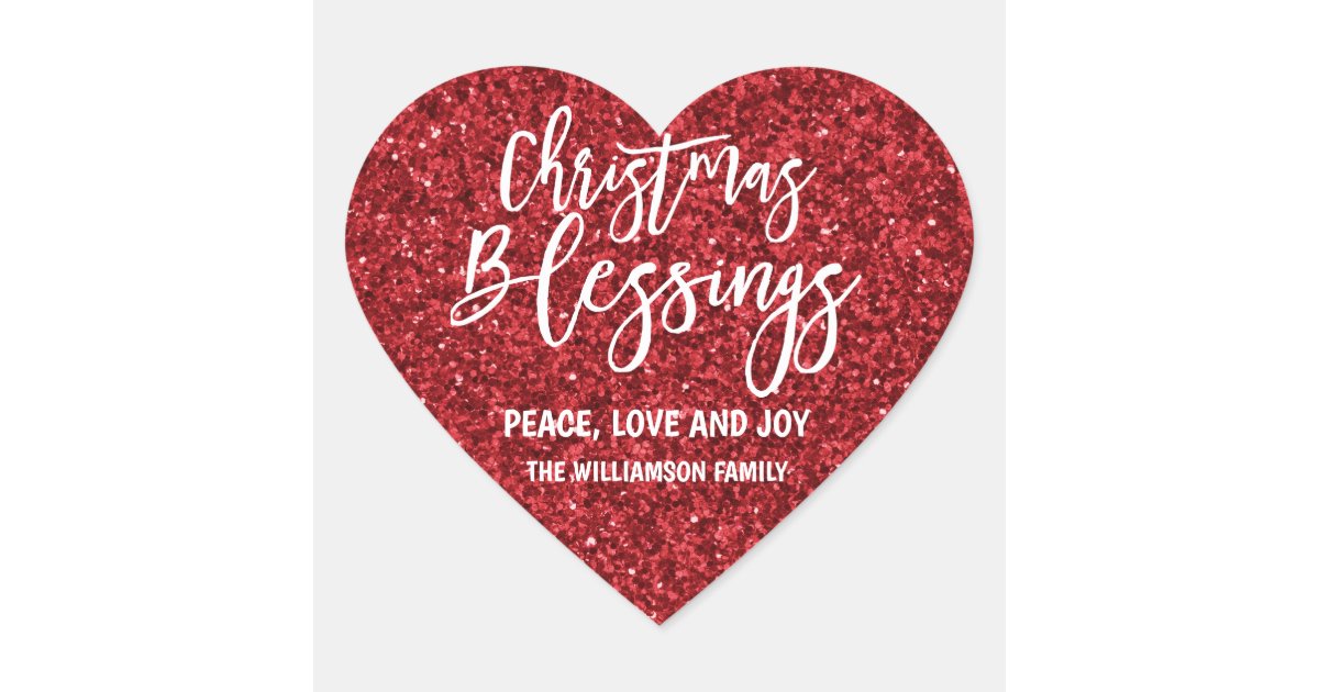 Red Glitter Personalized Christmas Blessings Heart Sticker | Zazzle