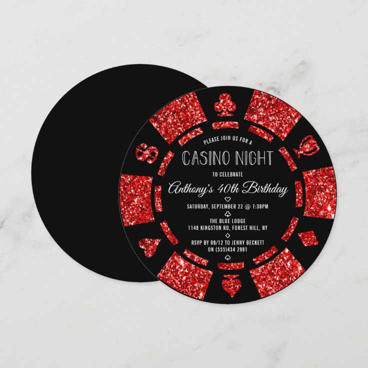 Red Glitter Poker Chip Casino Night Party Invitation | Zazzle