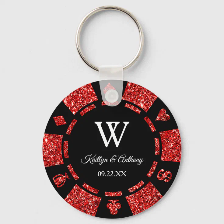 Red Glitter Poker Chip Casino Wedding Party Favor Keychain | Zazzle