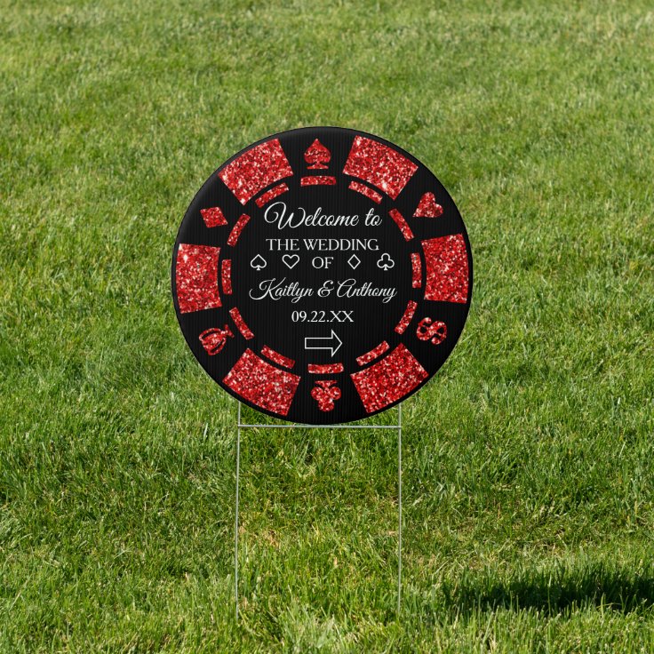Red Glitter Poker Chip Casino Wedding Welcome Sign | Zazzle
