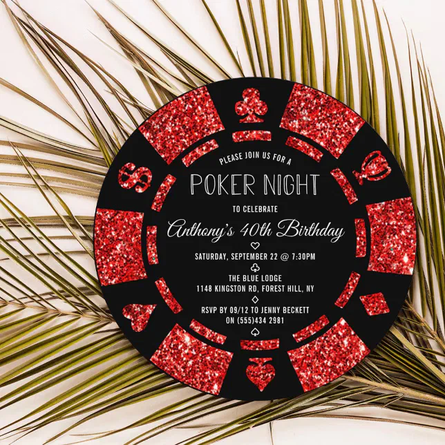 Red Glitter Poker Chip Poker Night Birthday Party Invitation | Zazzle