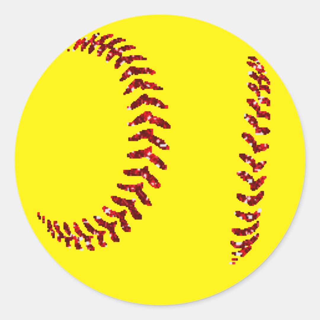 Red Glitter Softball Stiches Classic Round Sticker | Zazzle