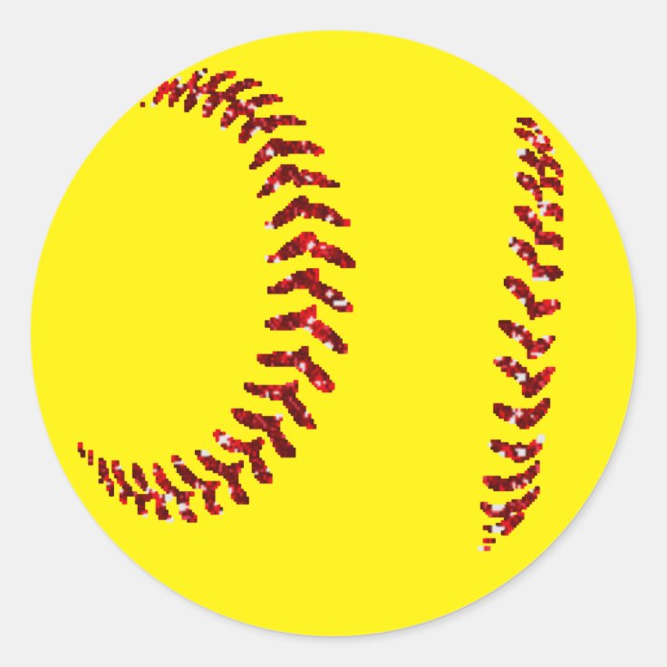 Red Glitter Softball Stiches Classic Round Sticker | Zazzle