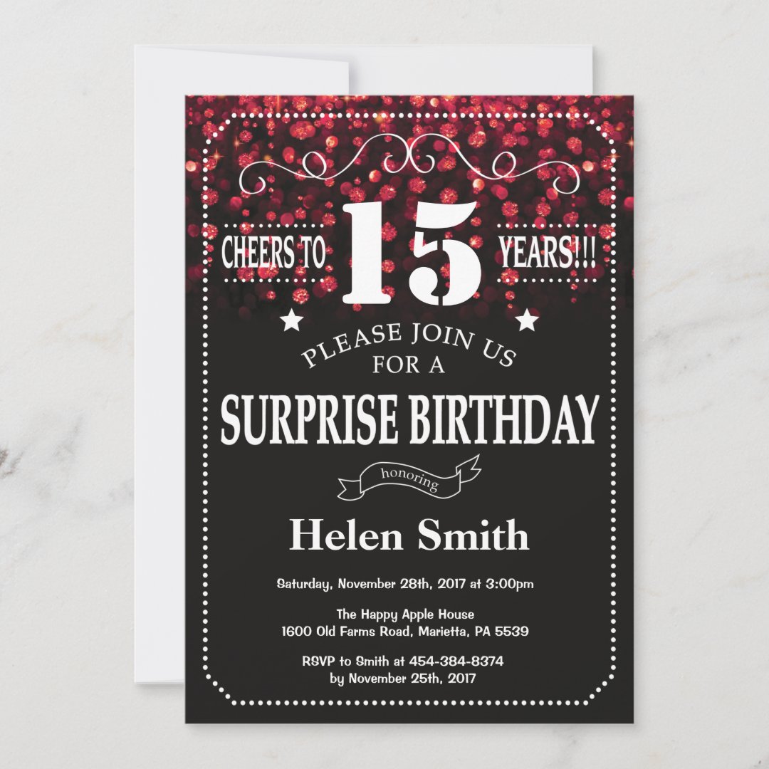 Red Glitter Surprise 15th Birthday Invitation | Zazzle