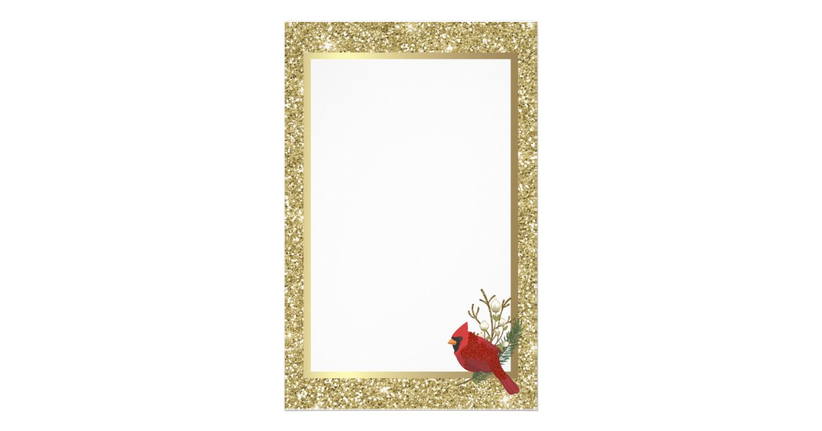 Red Glittery Cardinal with Glittery Gold Border Stationery | Zazzle.com