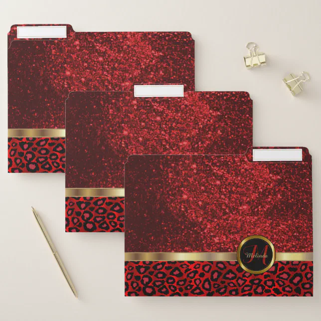 Red, Gold and Black Leopard and Glitter File Folder | Zazzle