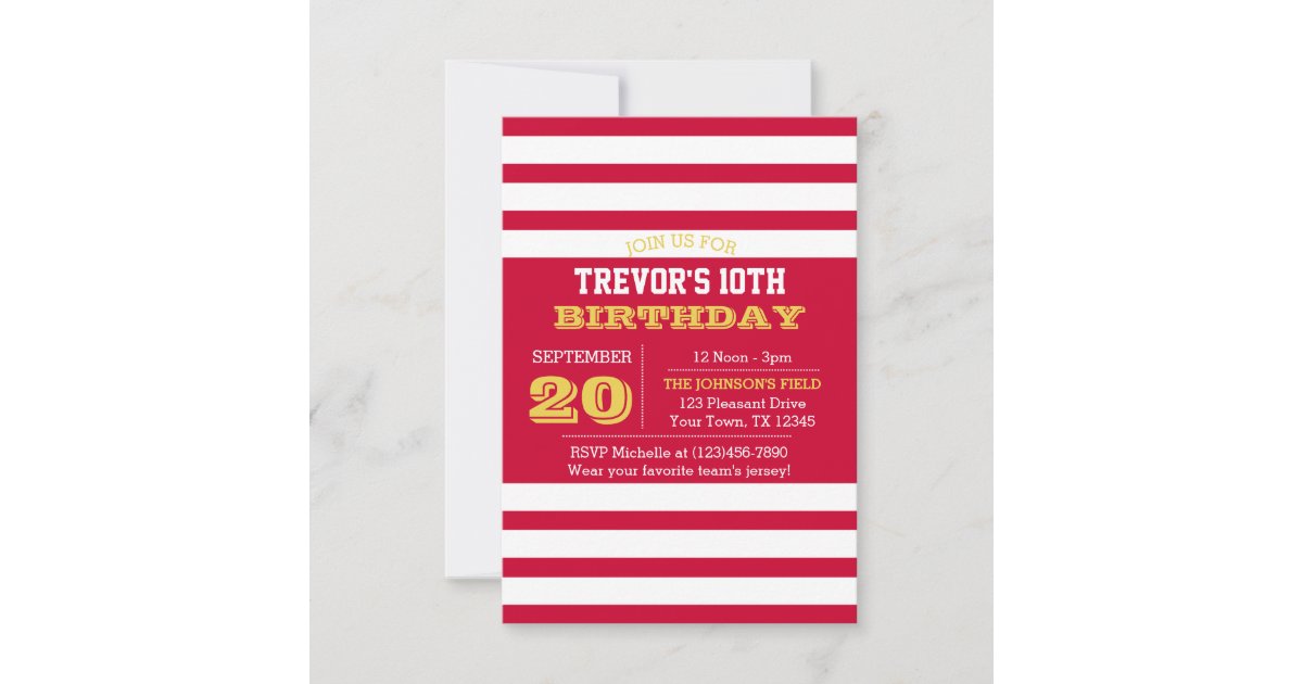 Red Gold and White Team Birthday Invitation | Zazzle