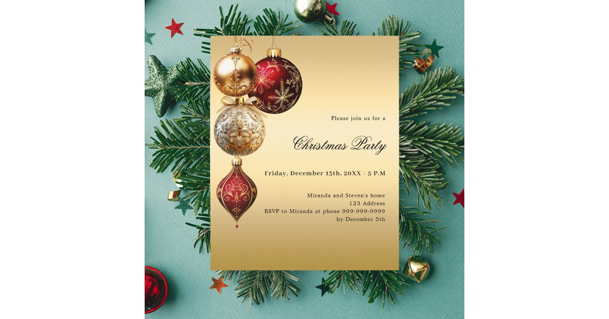 Red gold baubles Christmas Party invitation | Zazzle