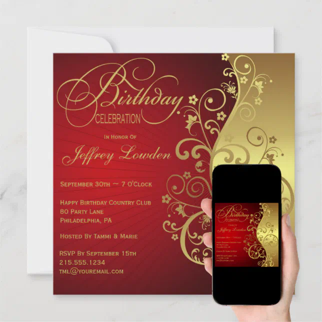 Red & Gold Birthday Party Invitation | Zazzle