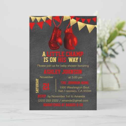 Red Gold Boy Boxe Boxing Baby Shower Invitations | Zazzle