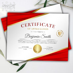 Red & Gold Certificate of Appreciation Award | Zazzle
