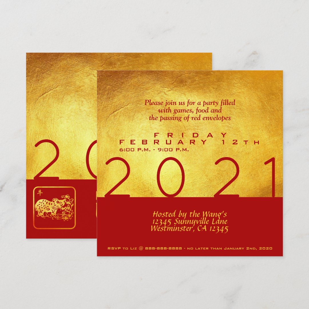 Red Gold Chinese Ox paper-cut 2021 Party Sq Inv Invitation | Zazzle