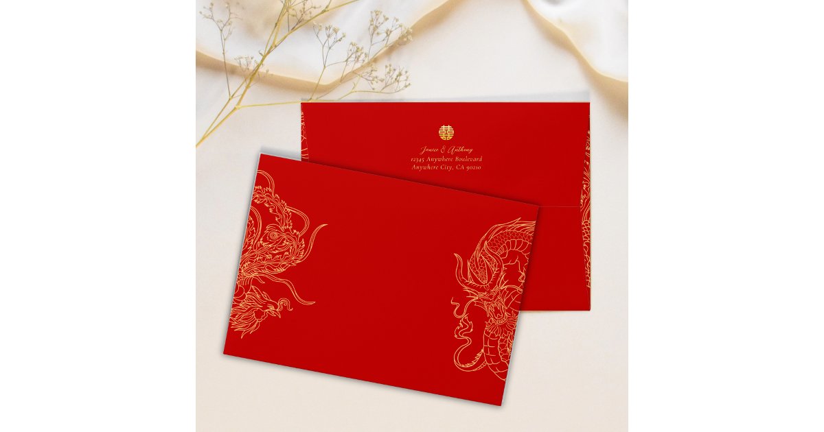 Red gold Chinese wedding dragon phoenix Envelope | Zazzle