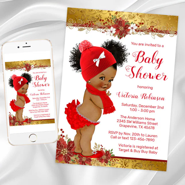 Red Gold Christmas Baby Shower Invitation | Zazzle