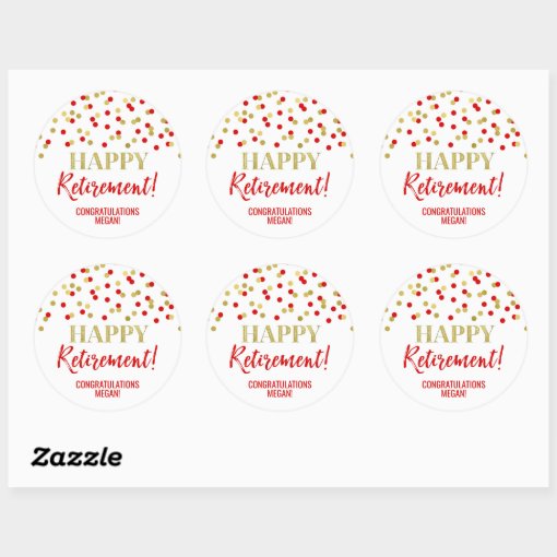 Red Gold Confetti Happy Retirement Classic Round Sticker | Zazzle