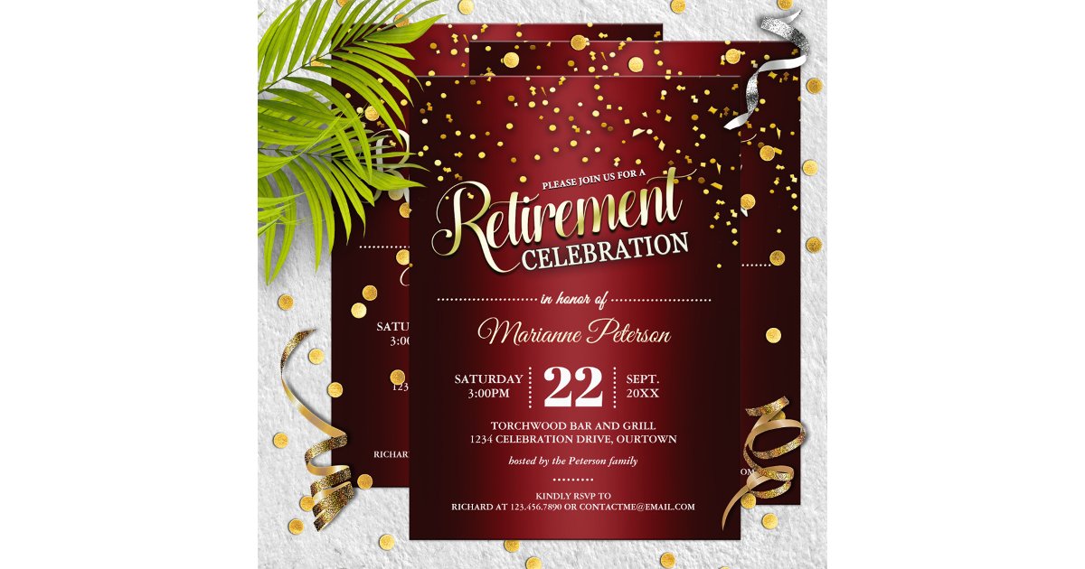 Red|Gold Confetti Retirement Party Invitations | Zazzle