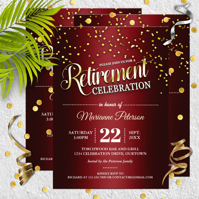 Red|Gold Confetti Retirement Party Invitations | Zazzle