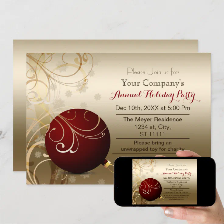 red gold Corporate holiday party Invitation | Zazzle