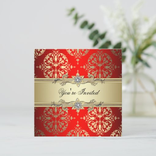 Red Gold Damask Party Invitation | Zazzle