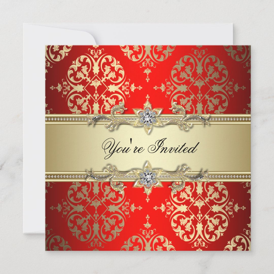 Red Gold Damask Party Invitation | Zazzle