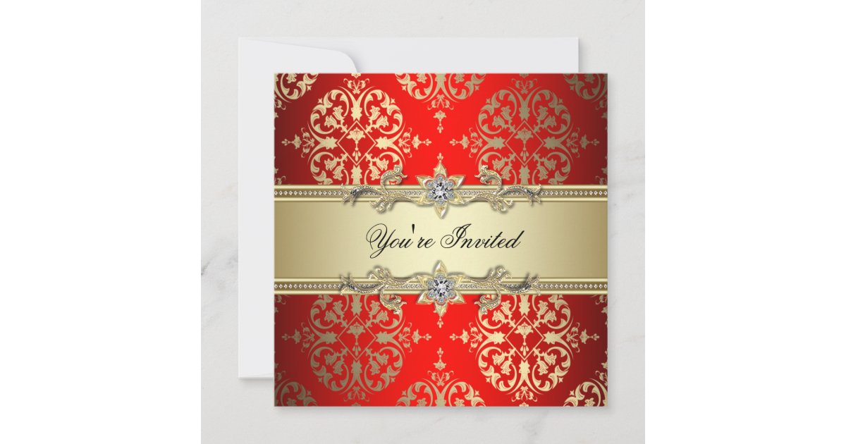 Red Gold Damask Party Invitation | Zazzle