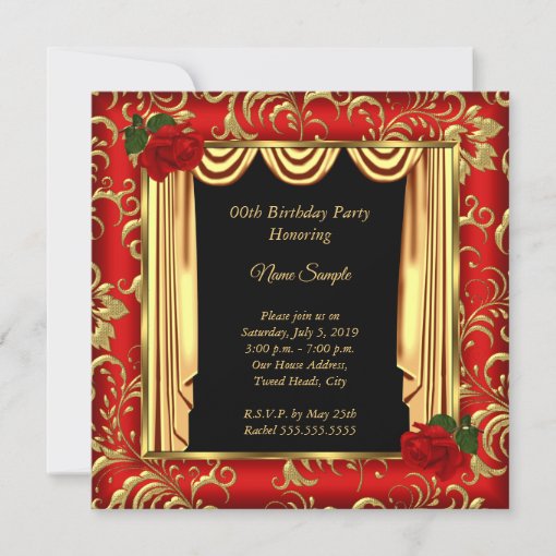 Red Gold Drapes Roses lamp jewel box Birthday Invitation | Zazzle