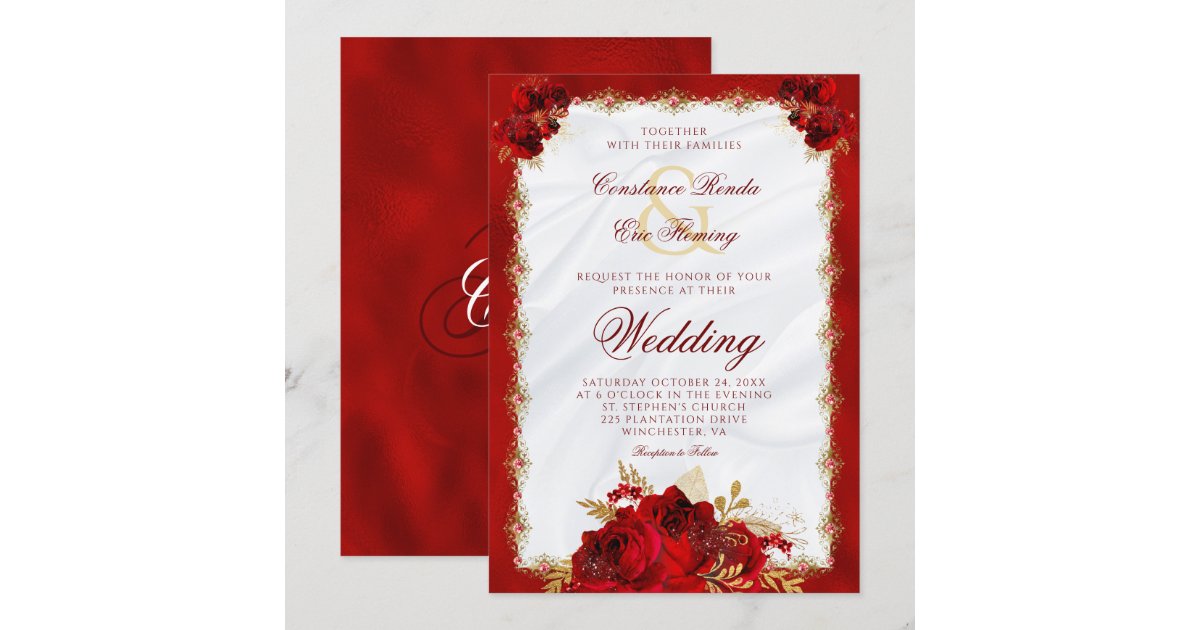 Red Gold Elegant Monogram Roses Formal Wedding Invitation | Zazzle