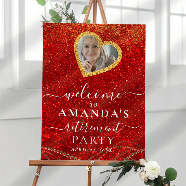 Red Gold Elegant Photo Retirement Welcome Sign | Zazzle