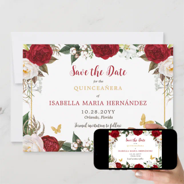 Red & Gold Elegant Quinceañera Save The Date | Zazzle