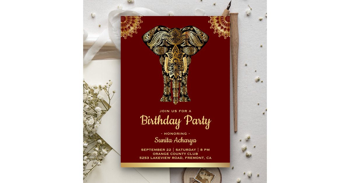Red Gold Elephant Indian Birthday Party Invitation | Zazzle