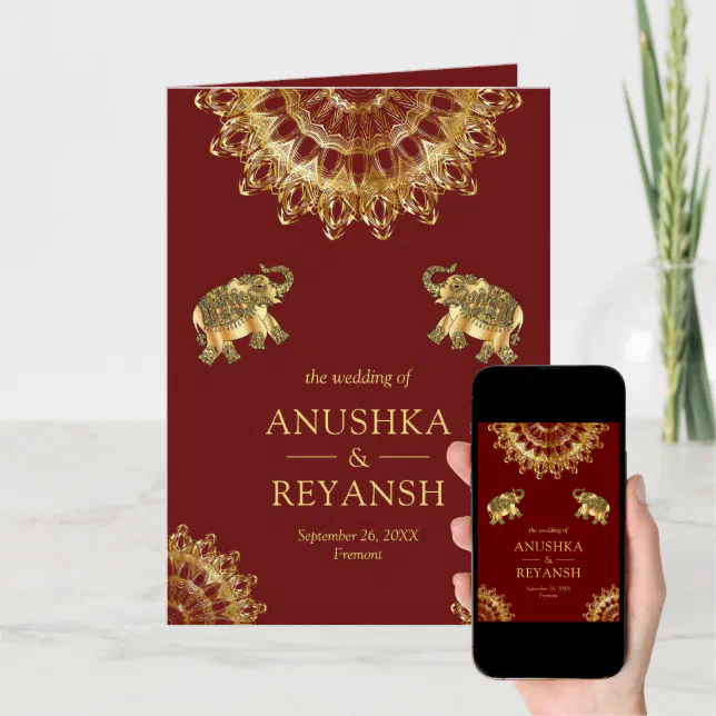 Red Gold Ethnic Elephants Indian QR Code Wedding Invitation | Zazzle