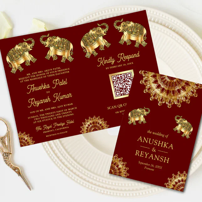 Red Gold Ethnic Elephants Indian QR Code Wedding Invitation | Zazzle