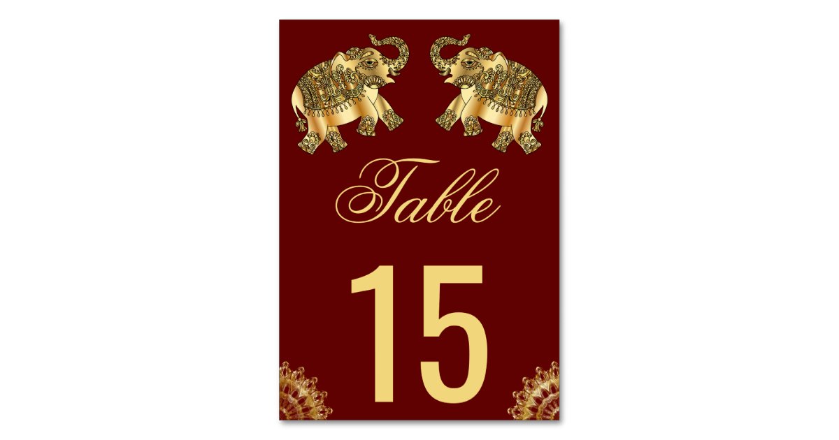 Red Gold Ethnic Elephants Indian Wedding Table Number | Zazzle