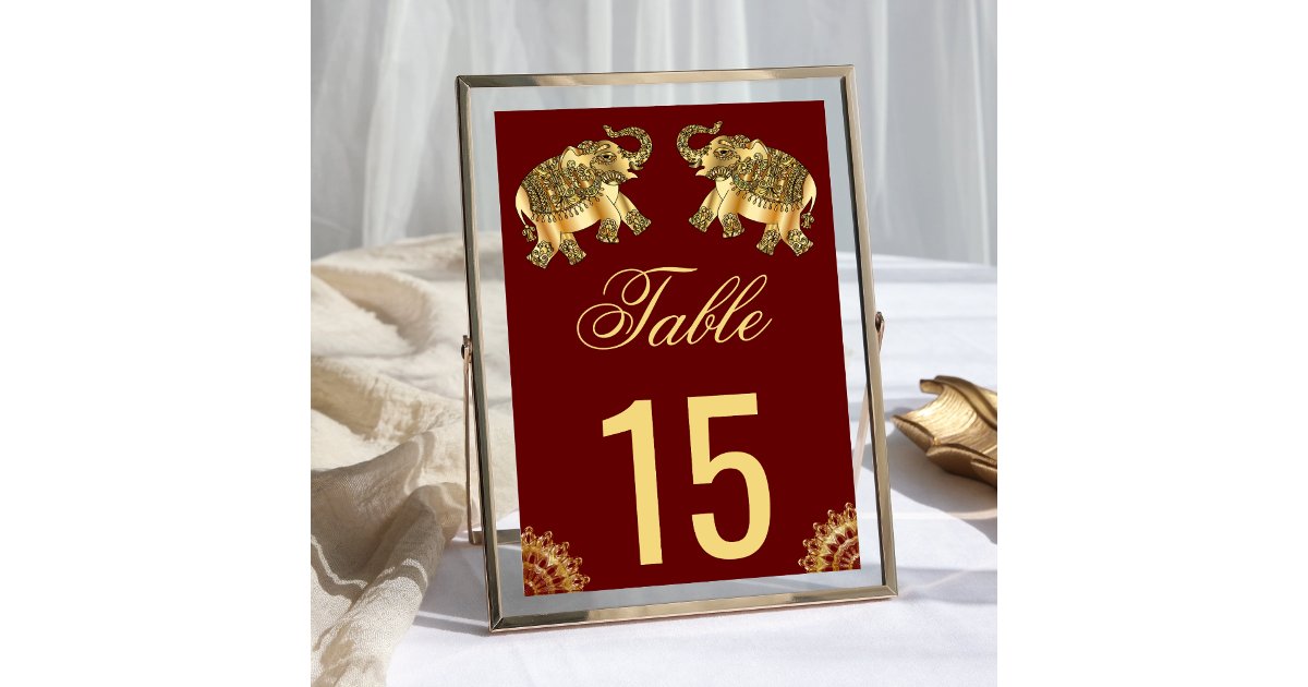 Red Gold Ethnic Elephants Indian Wedding Table Number | Zazzle