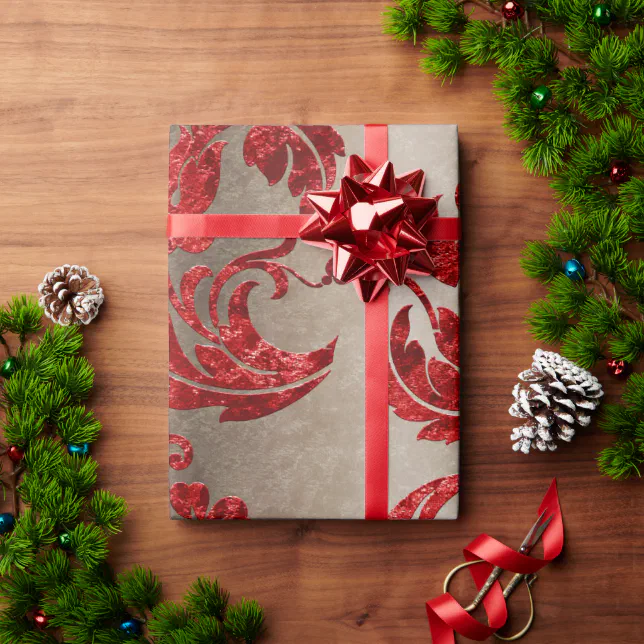 Red Gold Faux Velvet Damask Elegant Wrapping Paper | Zazzle