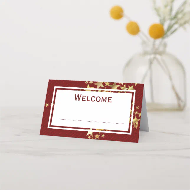 Red Gold FESTIVE STARS Customizable Place Card | Zazzle