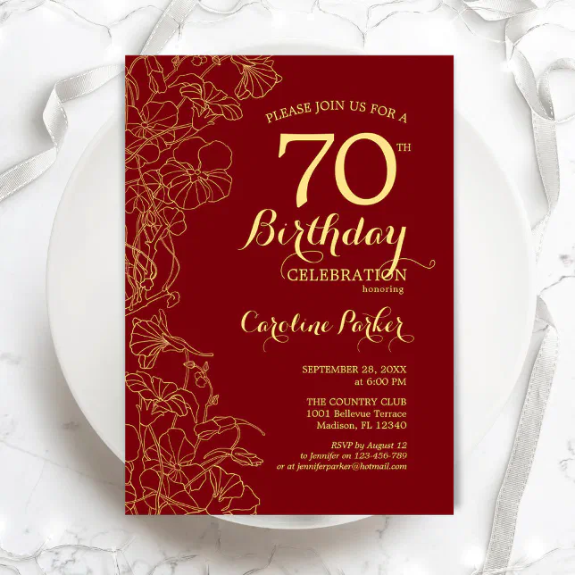 Red Gold Floral 70th Birthday Party Invitation | Zazzle
