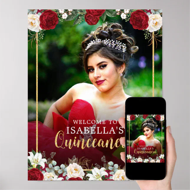 Red Gold Floral Photo Quinceañera Welcome Sign | Zazzle