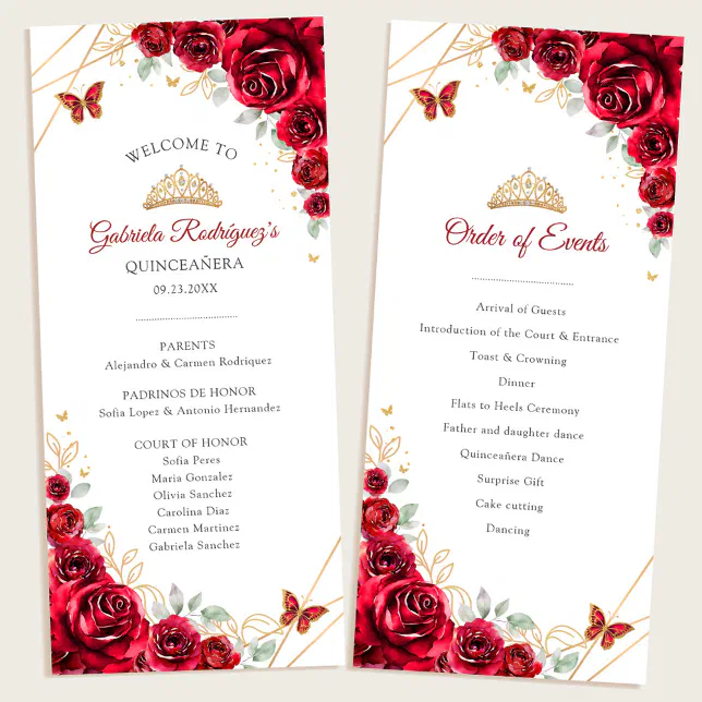 Red Gold Floral Quinceanera Order of Events Program | Zazzle
