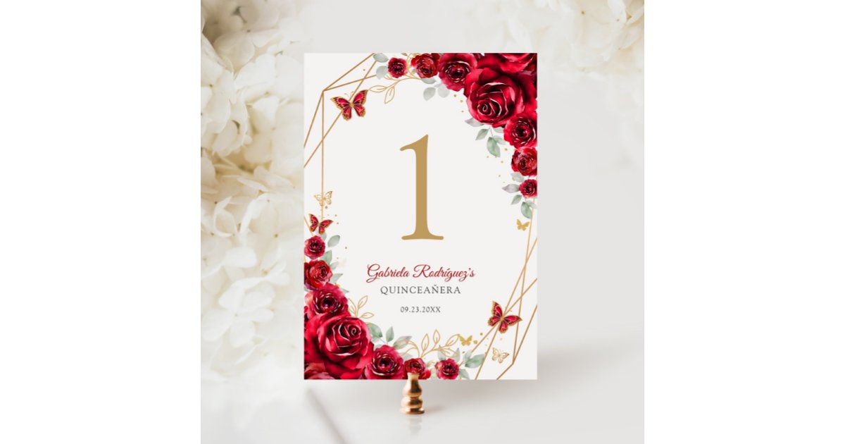 Red Gold Floral Quinceanera Table Number | Zazzle