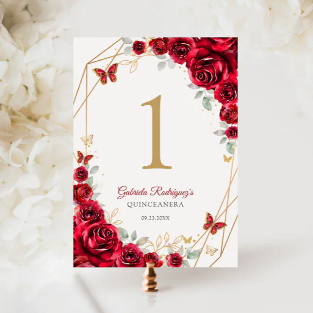 Red Gold Floral Quinceanera Table Number | Zazzle