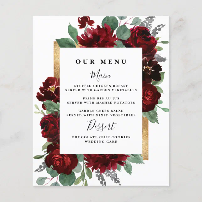 Red Gold Floral Rustic Elegant White Wedding Menus | Zazzle
