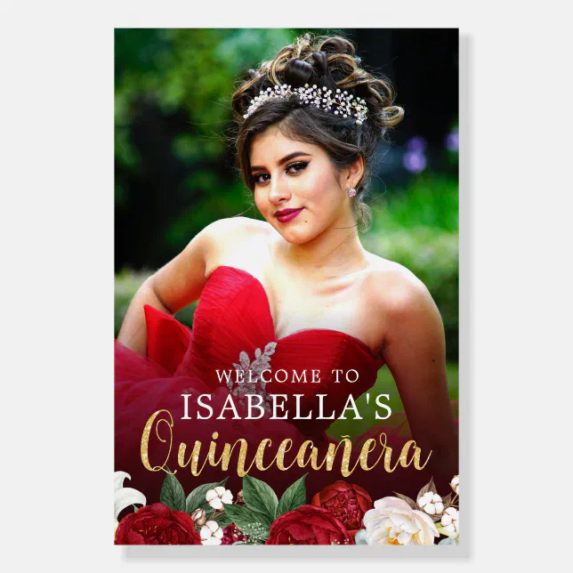 Red & Gold Flowers Quinceañera Welcome Sign | Zazzle