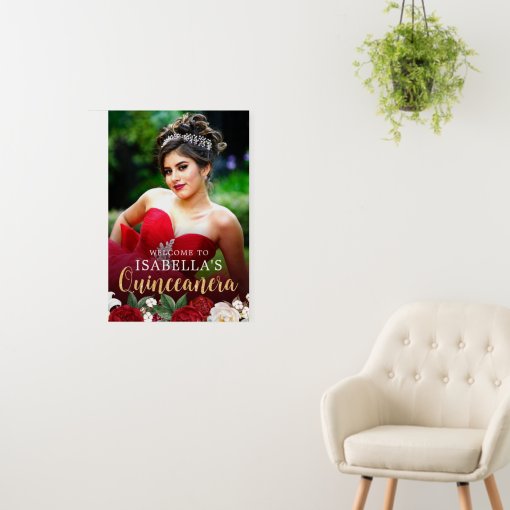 Red & Gold Flowers Quinceañera Welcome Sign | Zazzle