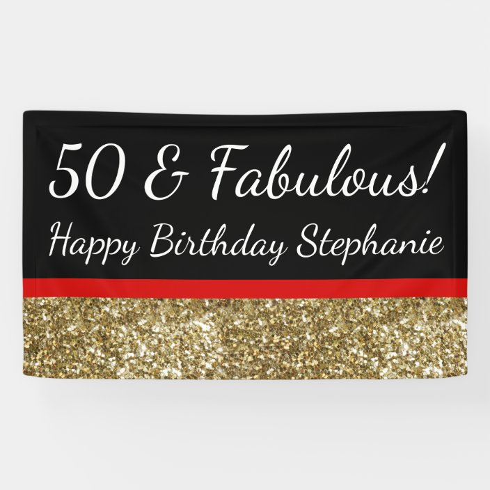Red Gold Glitter 50th Fabulous Birthday Party Banner