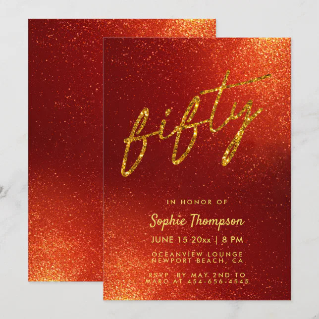 Red Gold Glitter Calligraphy Elegant 50th Birthday Invitation | Zazzle